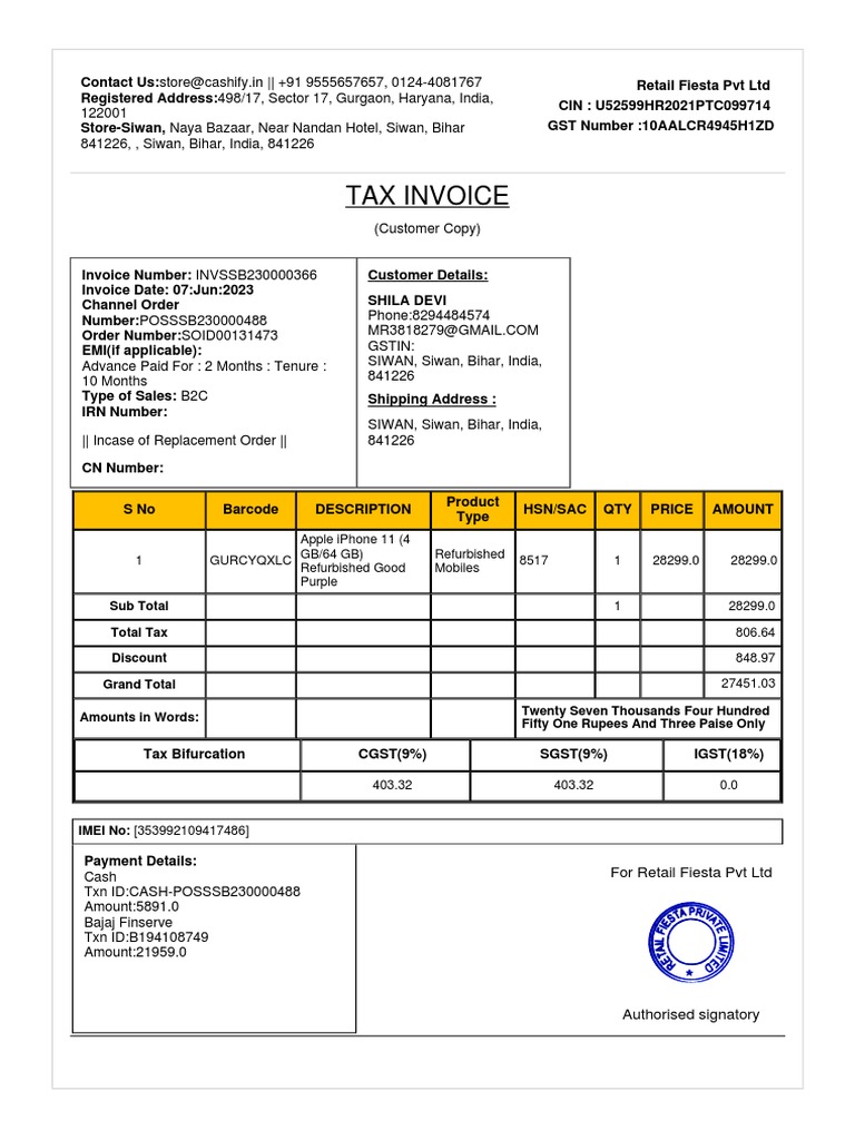 Tax Invoice: 1 Gurcyqxlc Apple Iphone 11 (4 Gb/64 GB) Refurbished Good ...