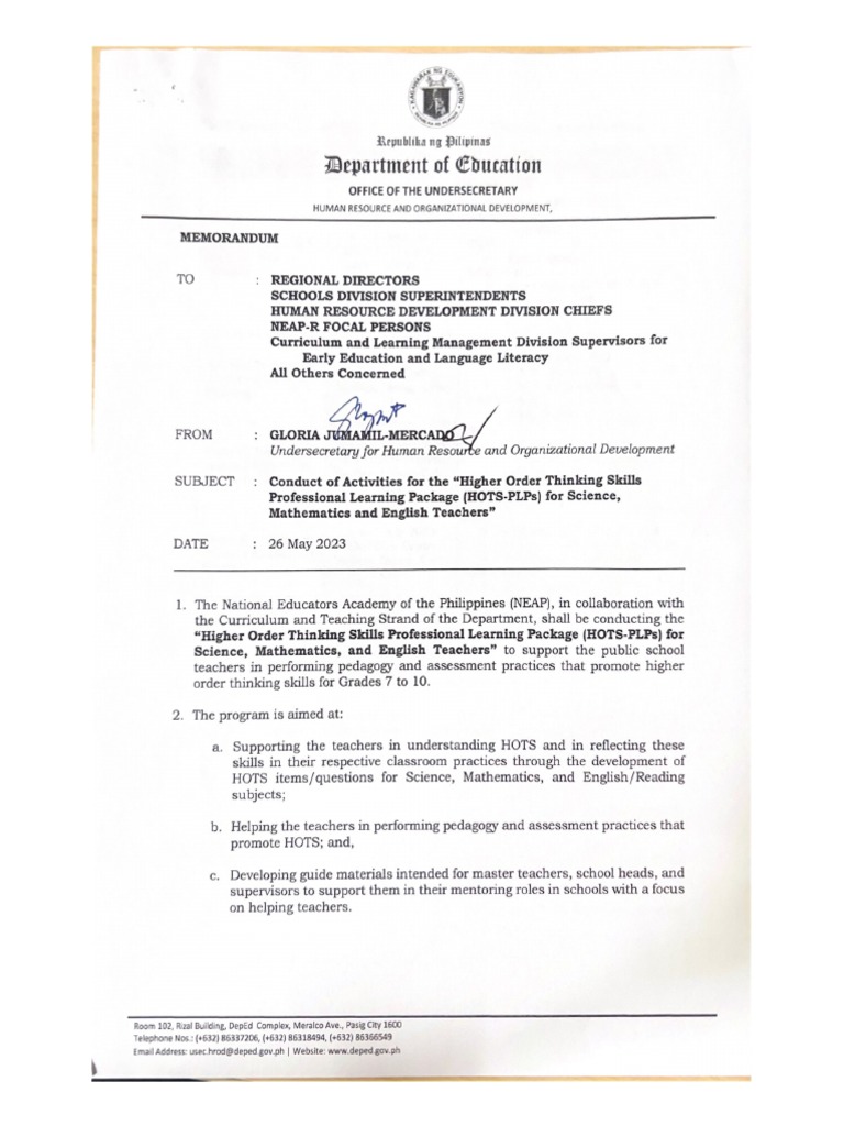 Signed Memo - Conduct of Activities On HOTS PLPS | PDF
