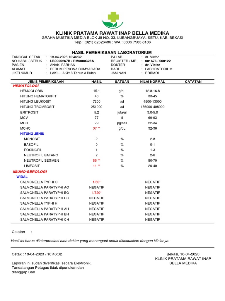 Hasil Lab Anak Farhan di Bella Medika | PDF
