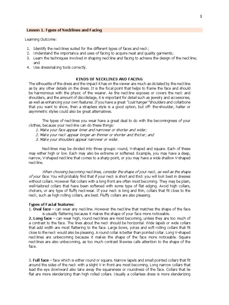Lesson 1.types of Necklines and Facing PDF | PDF | Dress | Corset