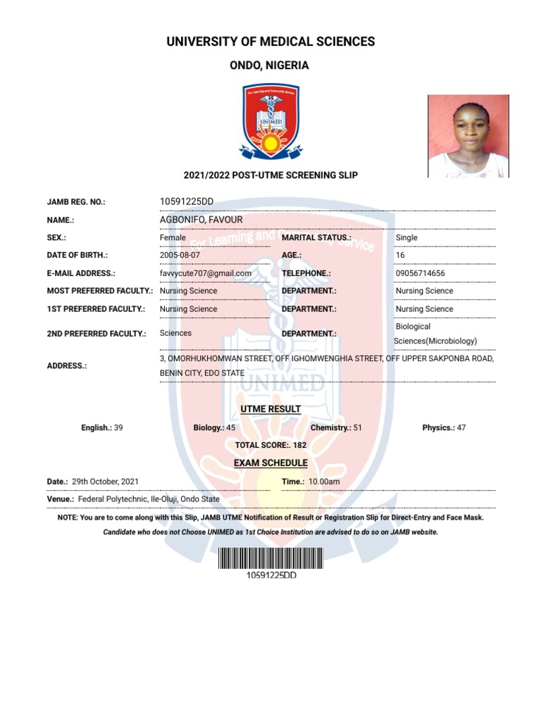 2021 - 2022 Post-Utme Screening Slip - 10591225DD | PDF