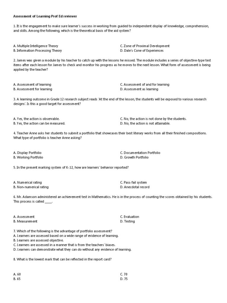 Assessment of Learning Prof Ed Reviewer | PDF