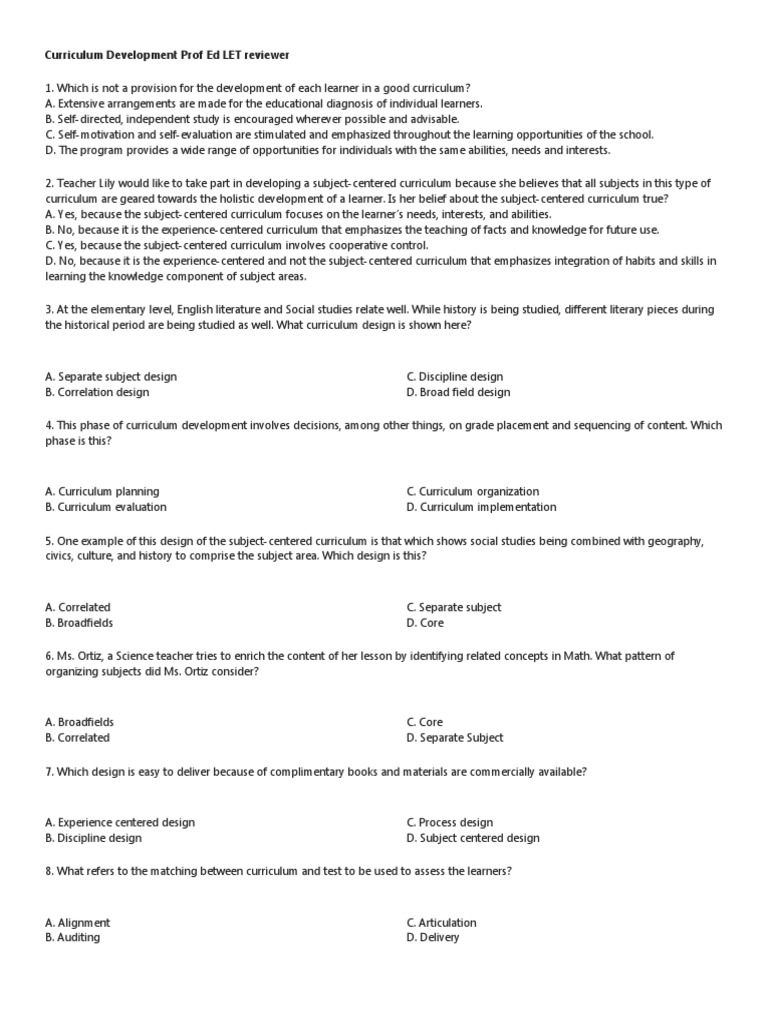 Curriculum Development Prof Ed LET Guide | PDF | Curriculum | Learning