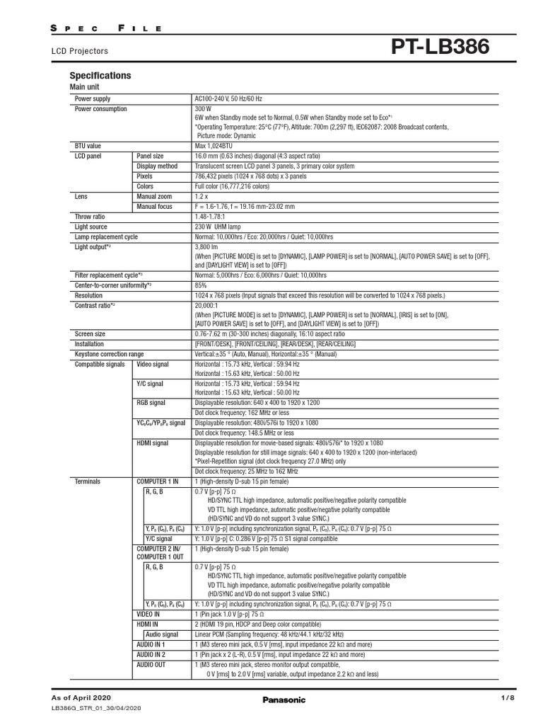 Pt-lb386 Spec File (English) - Datasheet | PDF | Display Resolution | Computer Monitor