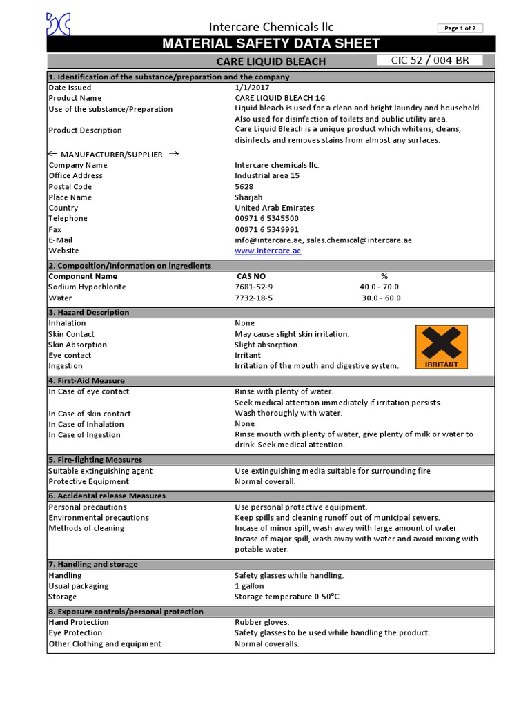 Care Liquid Bleach Safety Data Sheet | PDF | Bleach | Water