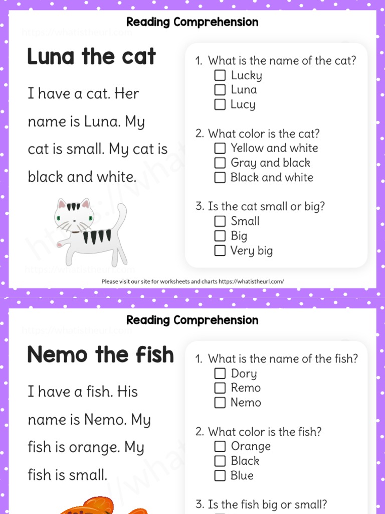 Luna the Cat Nemo the Fish Rabbit and Bird Reading Comprehension for Preschool | PDF | Graphic ...