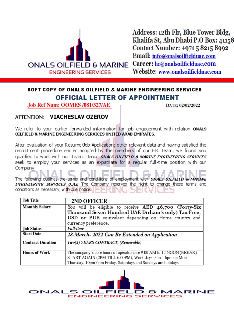 Onals Oilfield - Official Offer Letter, Viacheslav Ozerov | PDF ...