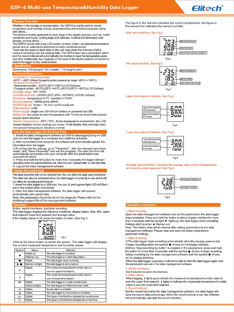 Elitech GSP-6 - 6G - Temperature and Humidity Data Logger - User - Manual | PDF