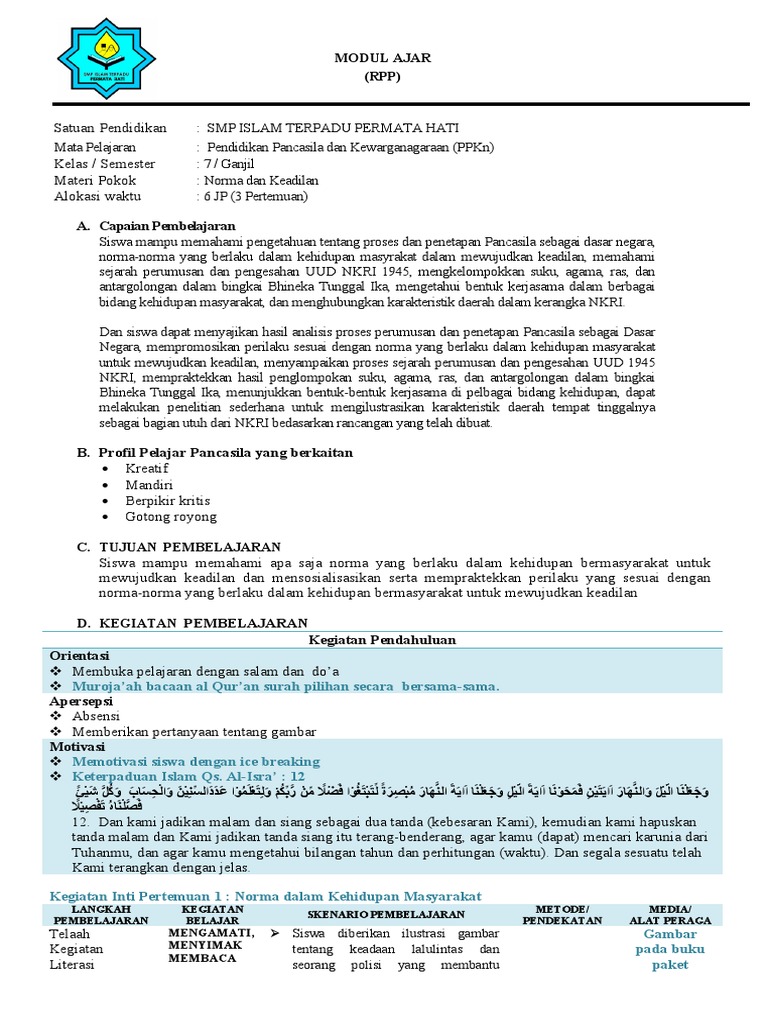 Modul Ajar BAB 2 (RPP) Kelas 7 | PDF