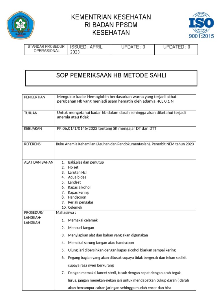 SOP Pemeriksaan HB Metode Sahli | PDF