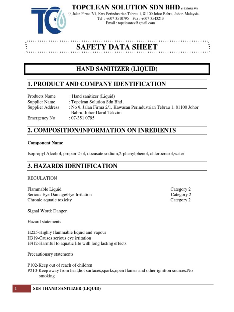 SDS - Hand Sanitizer (Liquid) | Download Free PDF | Toxicity | Combustion SDS - Hand Sanitizer (Liquid) | Download Free PDF | Toxicity | Combustion