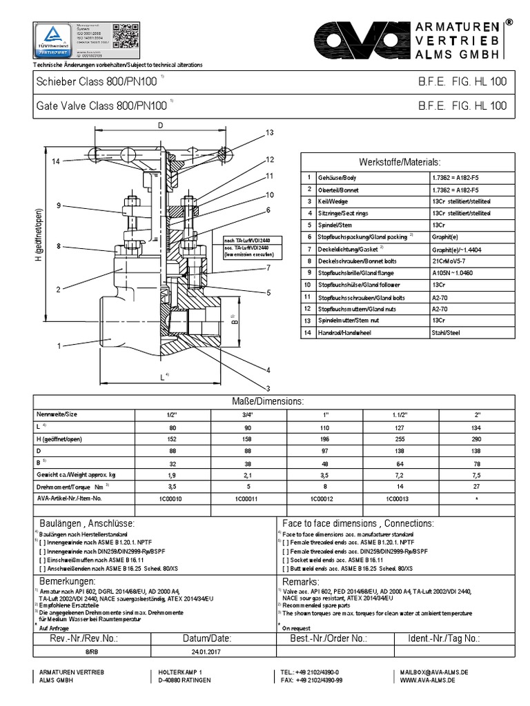 1C00010-1C00011 - BFE - HL 100 - Class 800 - PN100 - UE - 1.7362 | PDF