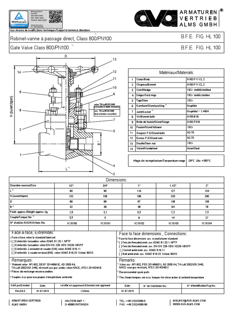 Robinet-vanne Class 800/PN100 | PDF