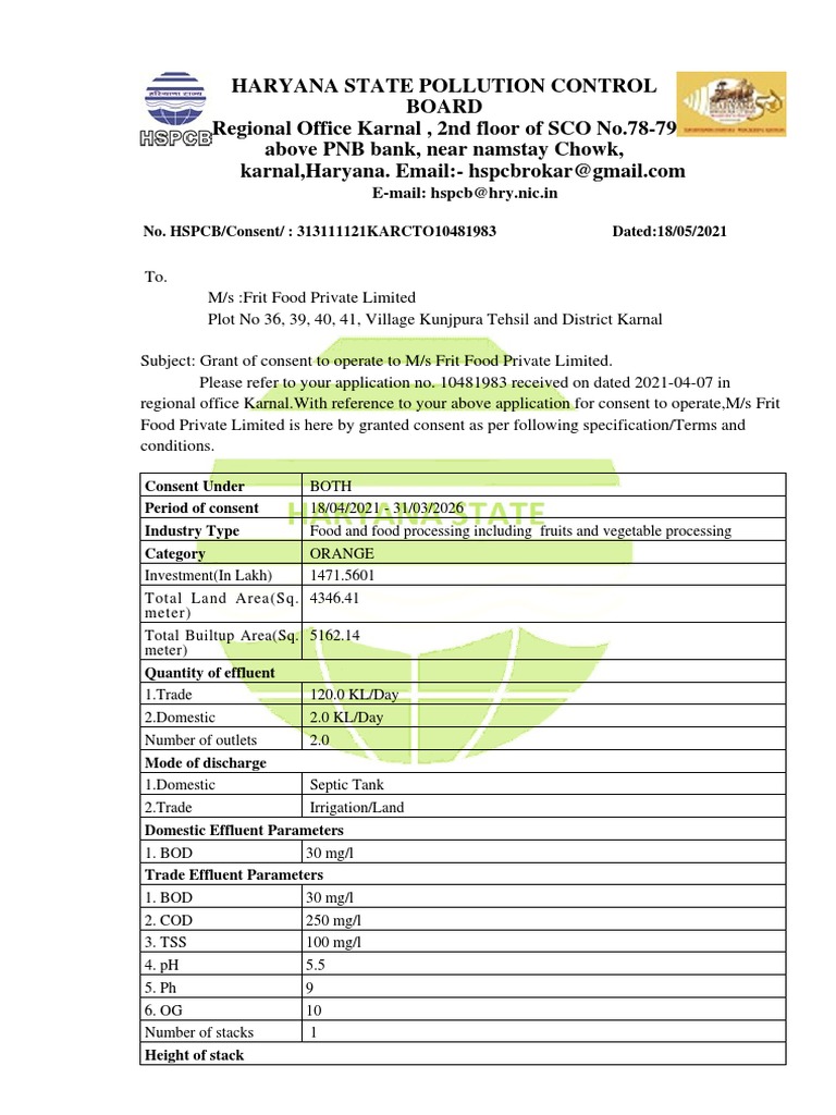 Haryana State Pollution Control Board Regional Office Karnal, 2nd Floor ...