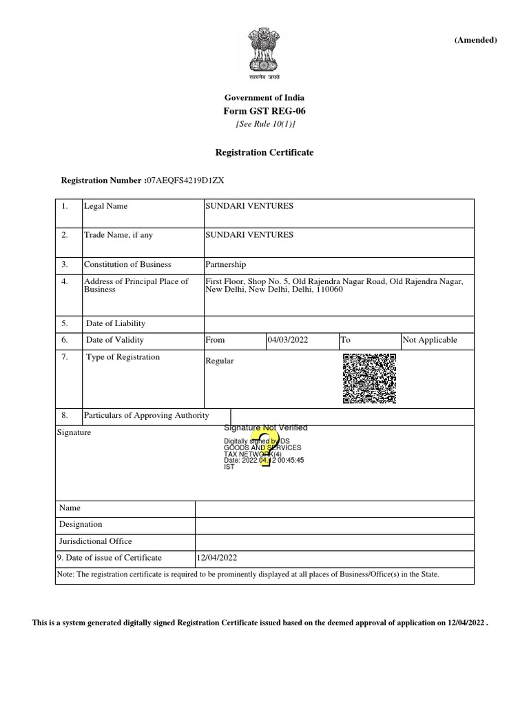 Gst Registration Certificate | PDF