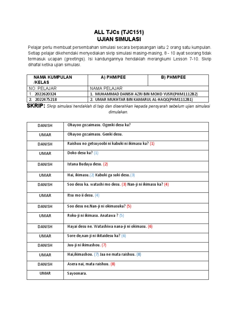 SIMULATION SCRIPT - Danish & Umar (TJC151) | PDF