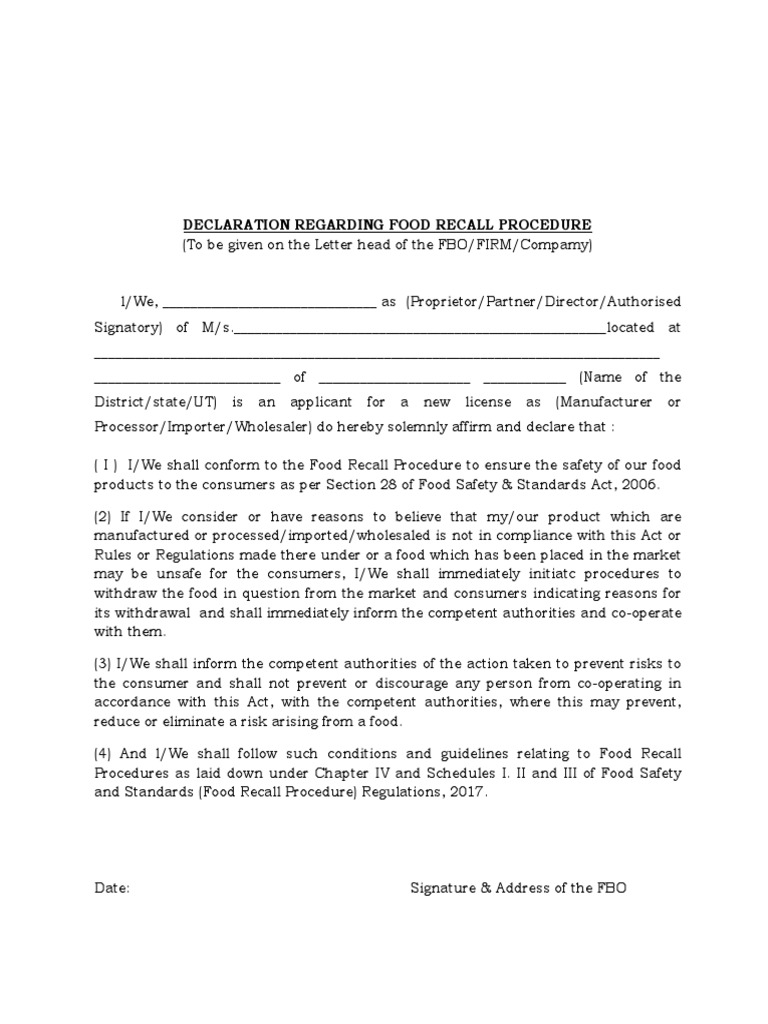 Declaration Regarding Food Recall | PDF