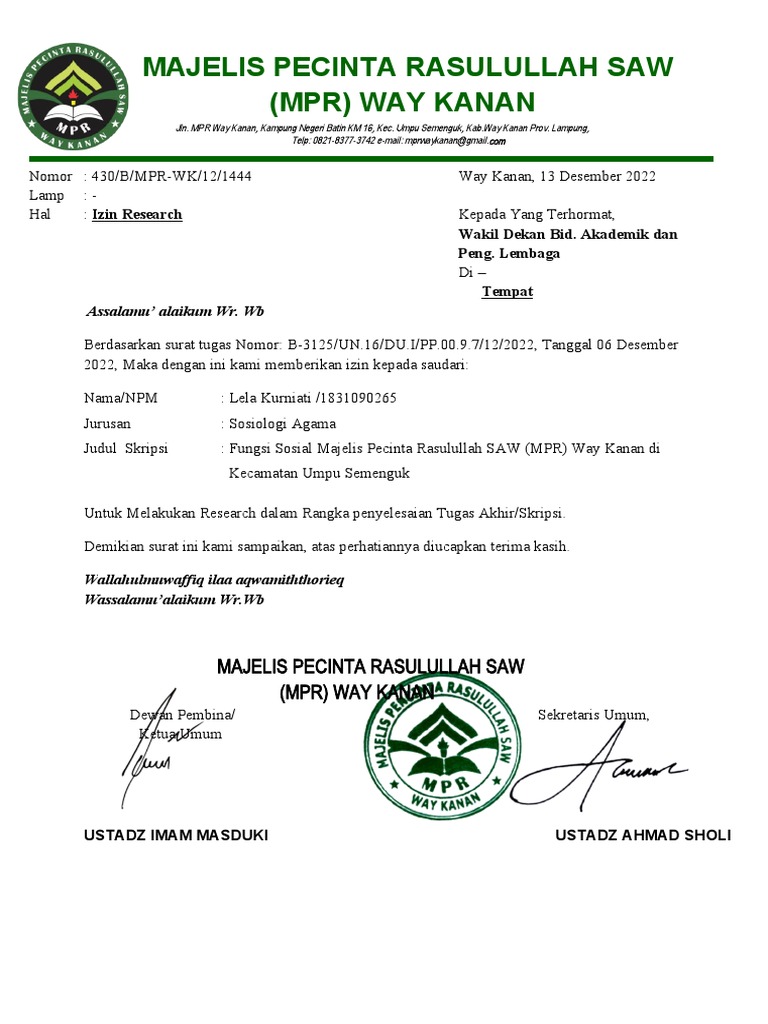 Surat Riset MPR Way Kanan UIN RIL | PDF