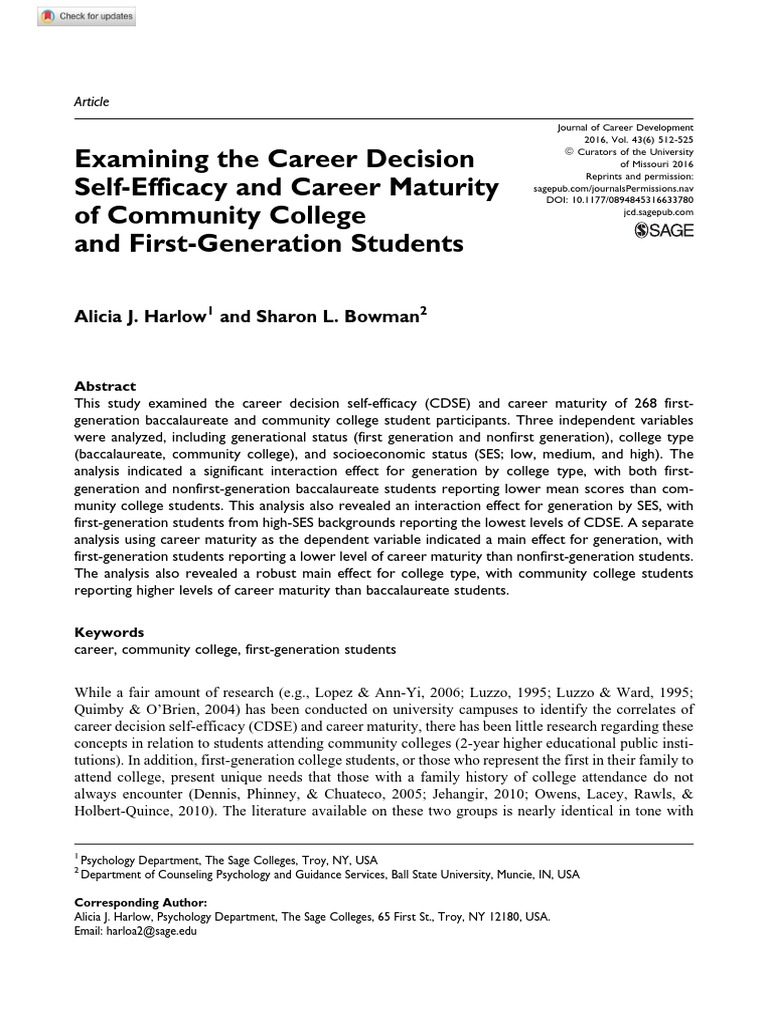 Examining The Career Decision Self-Efficacy and Career Maturity of Community College and First ...