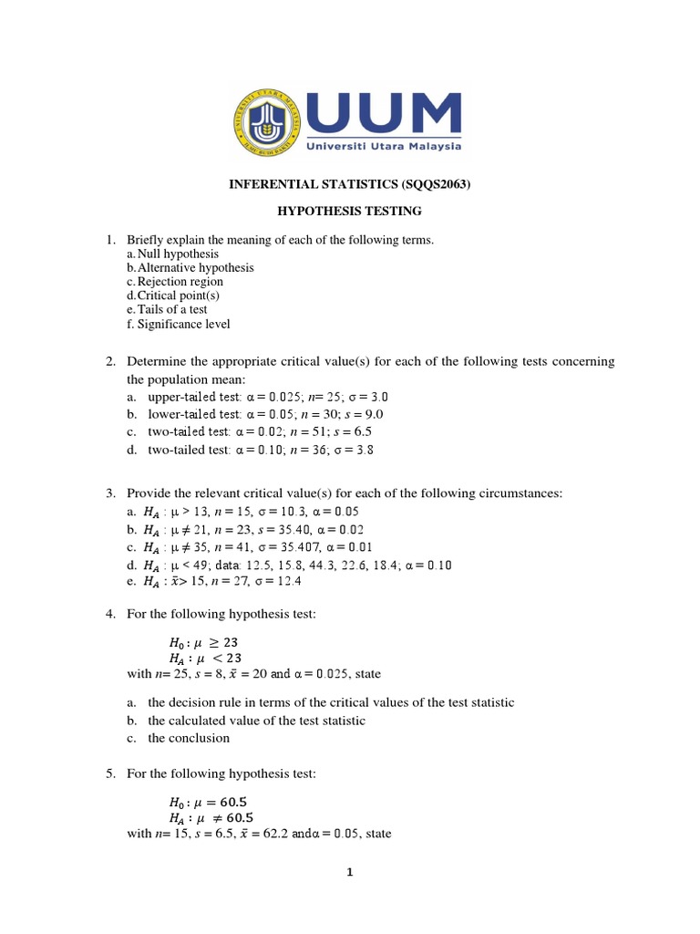 Sqqs2063 Tutorial Hypothesis Testing Pdf Statistics Statistical 1442