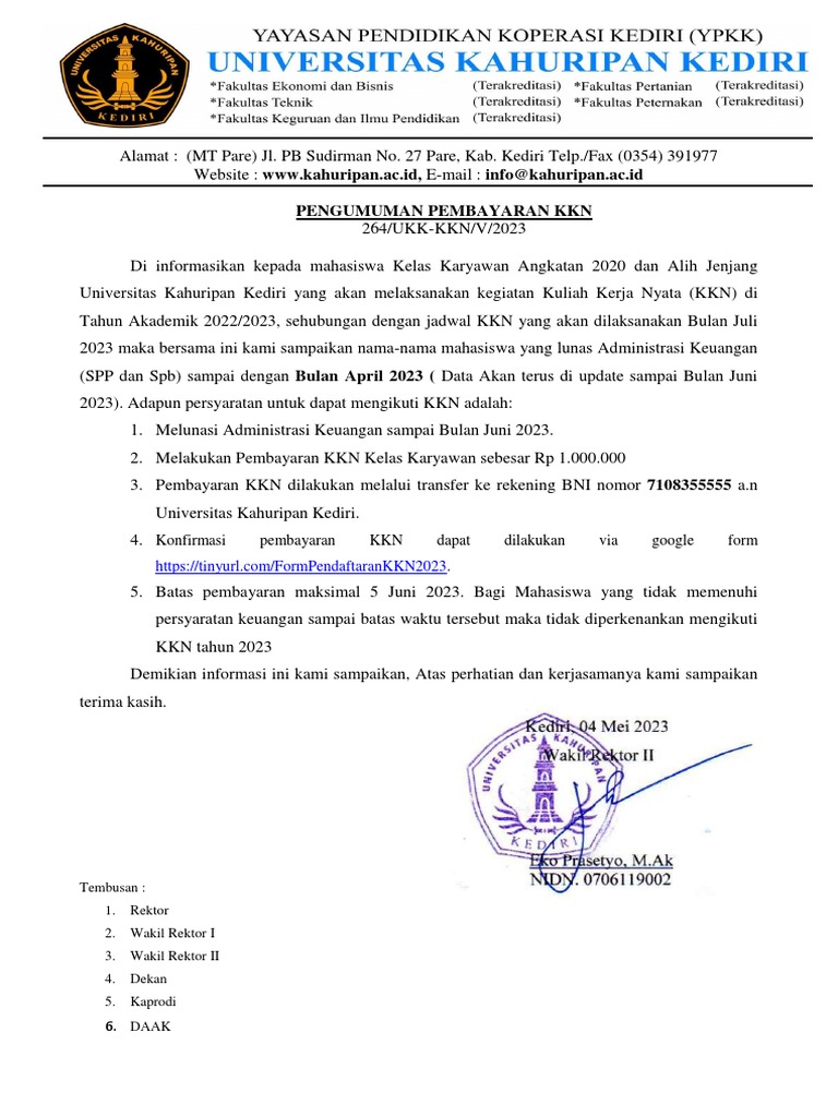 (Karyawan) Pengumuman Pembayaran KKN 2023 | PDF