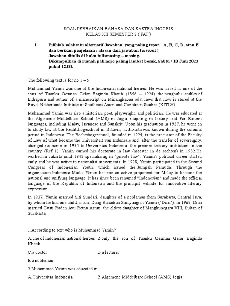 Soal Perbaikan Bahasa Dan Sastra Inggris LM Kelas Xi Pat | PDF