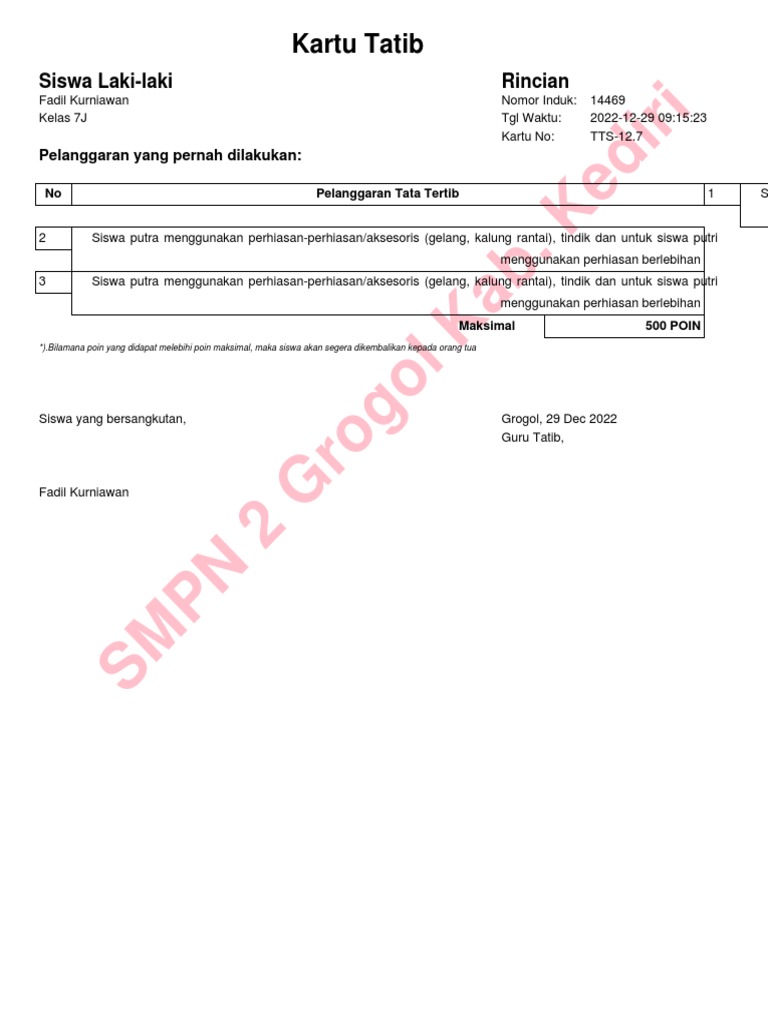 SMPN 2 Grogol Kab. Kediri: Kartu Tatib | PDF