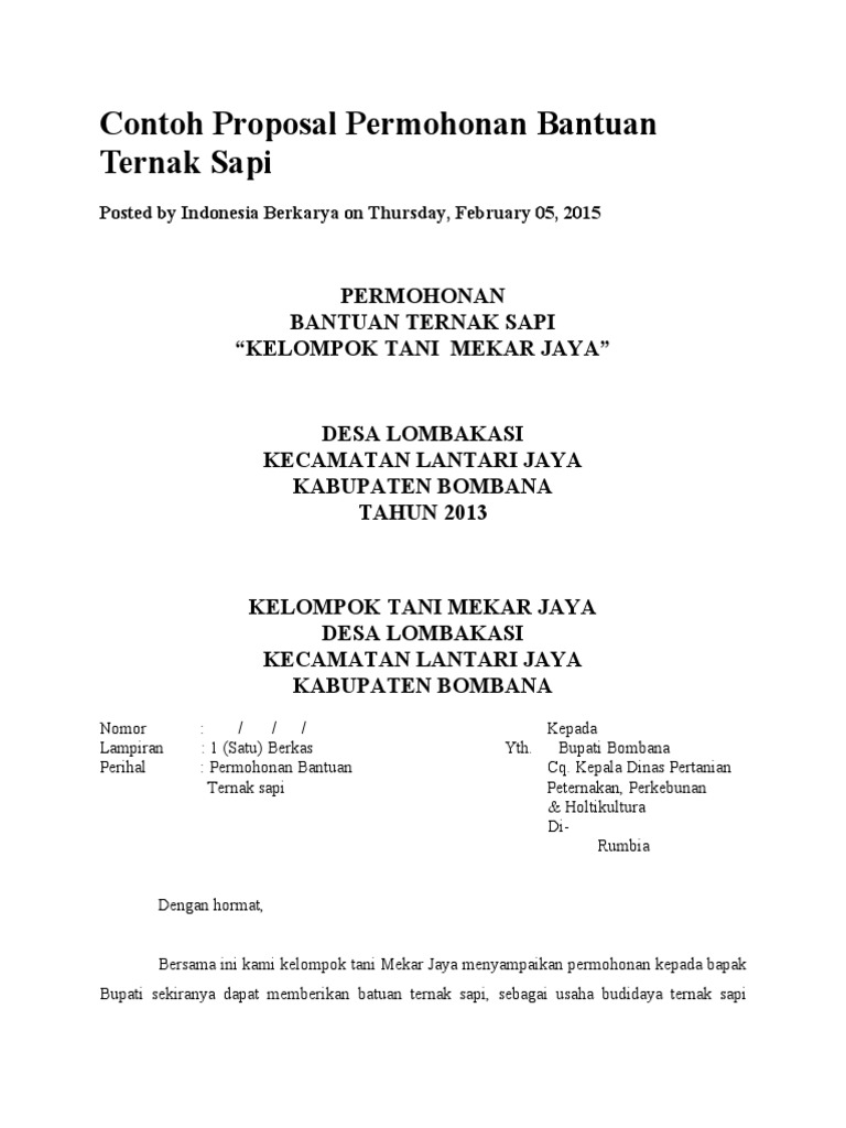 Contoh Proposal Permohonan Bantuan Ternak Sapi | PDF Contoh Proposal Permohonan Bantuan Ternak Sapi | PDF
