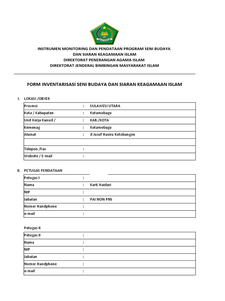 Form Inventarisasi Seni Budaya Dan Siaran Agama Islam - Karti Haidari | PDF