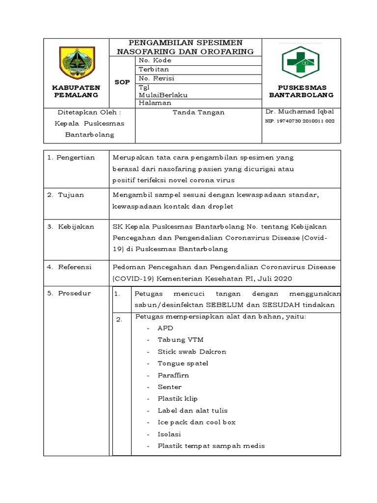 Sop Pengambilan Swab Nasofaring | PDF