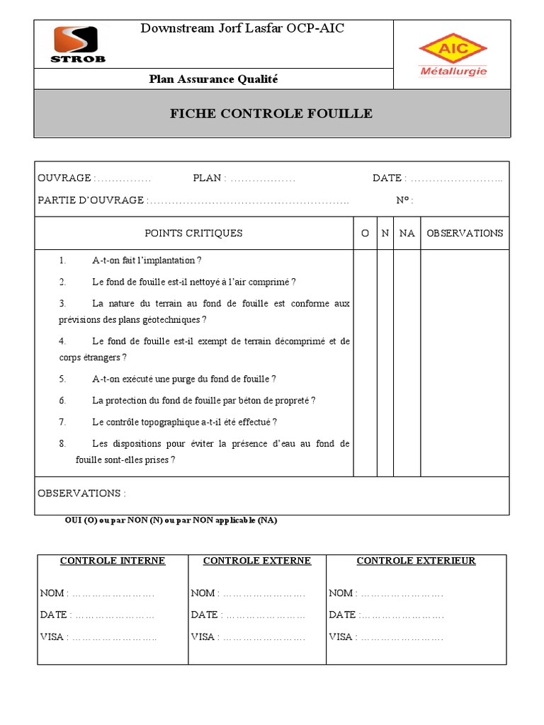 Fiche de Contrôle de Fond de Fouille | PDF | Technologie et ingénierie ...