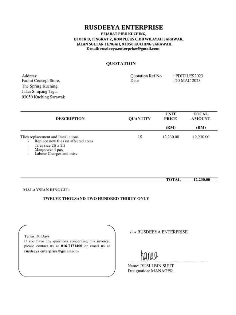 Quotation Tiles Rusdeeya Enterprise | PDF