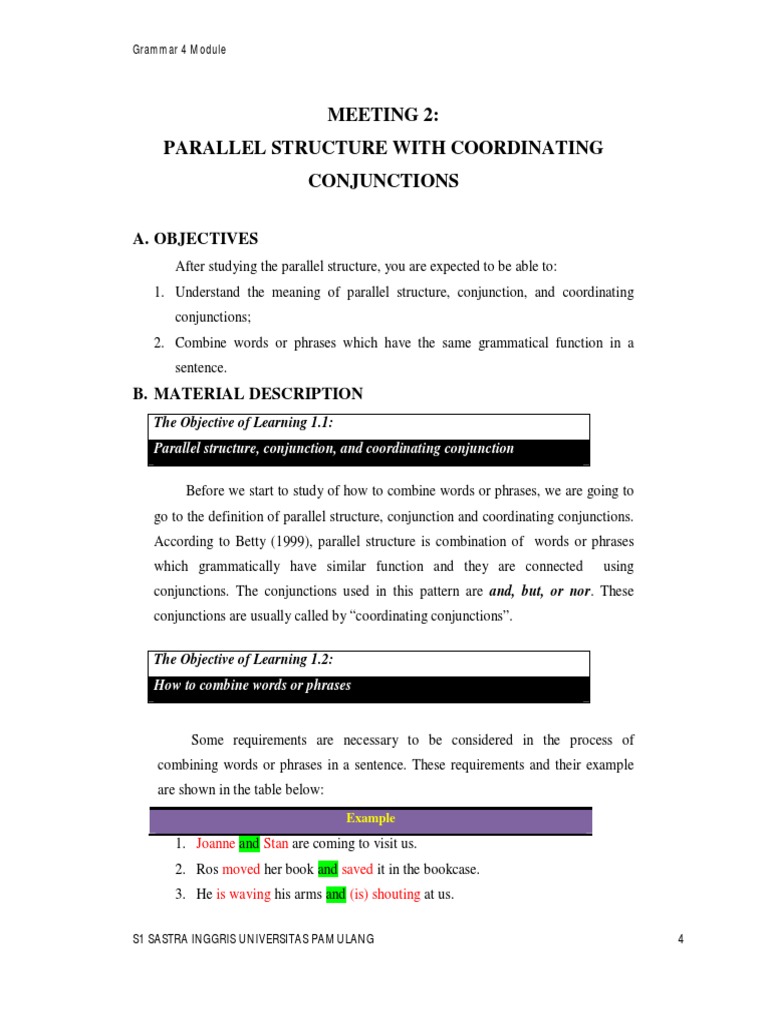 Meeting 2 Parallel Structure With Coordinating Conjunctions | PDF | Phrase | Word