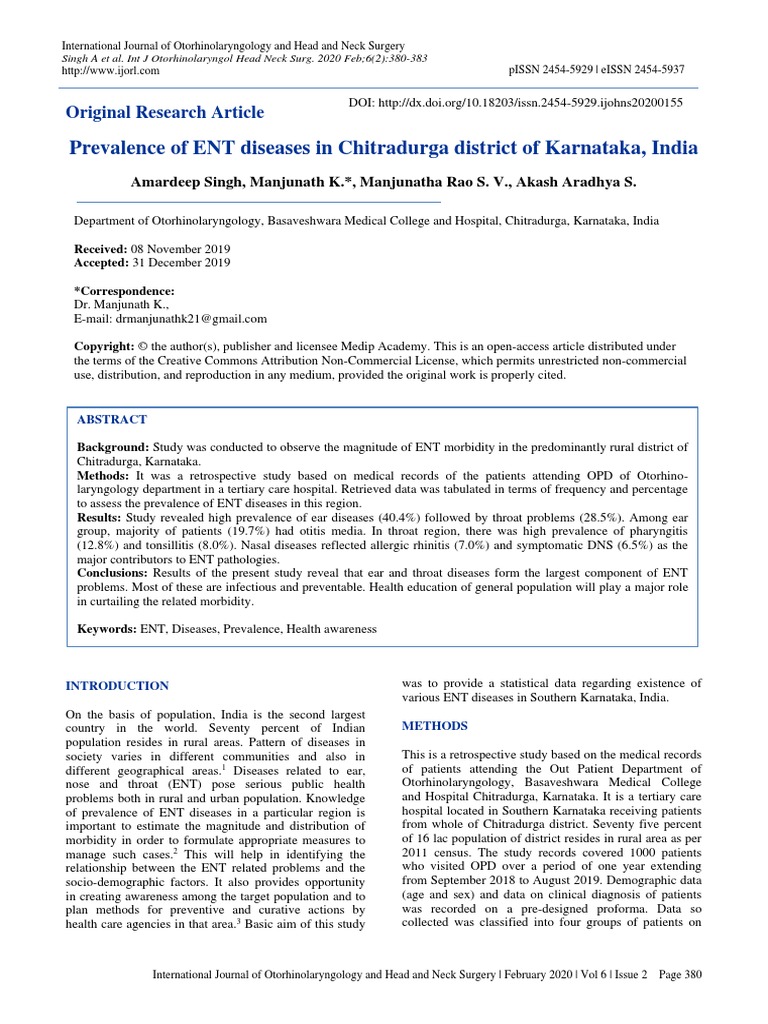 Prevalence of ENT Diseases in Chitradurga District | PDF | Otorhinolaryngology | Head And Neck ...