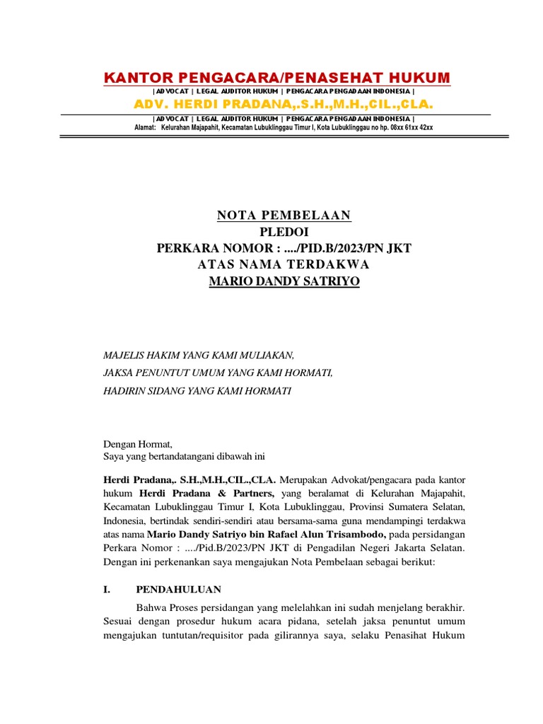 Surat Pledoi Mario Dandy (Herdi Pradana - 042604266 - PPB) | PDF