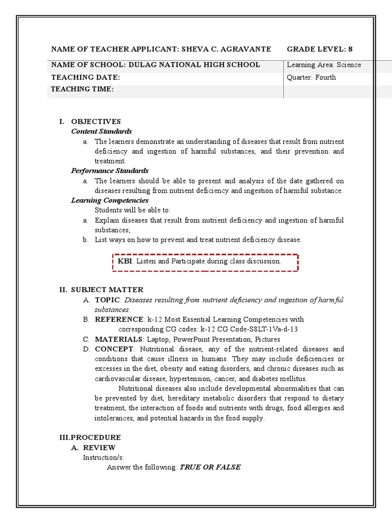 Grade 8 Science: Nutritional Health | PDF
