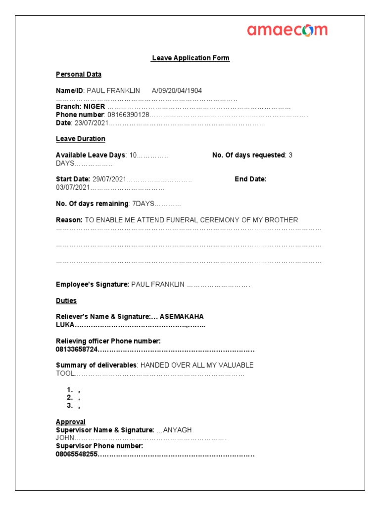 Leave Application Form Frank | PDF