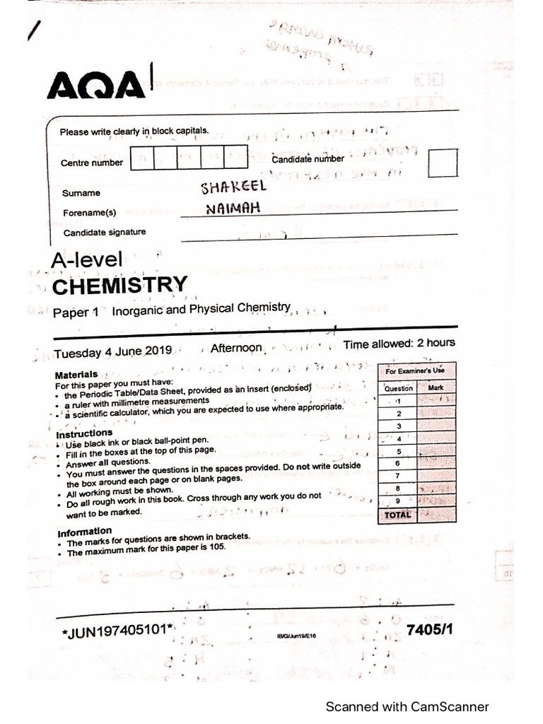 A - Level Chemistry 2019 Papers | PDF