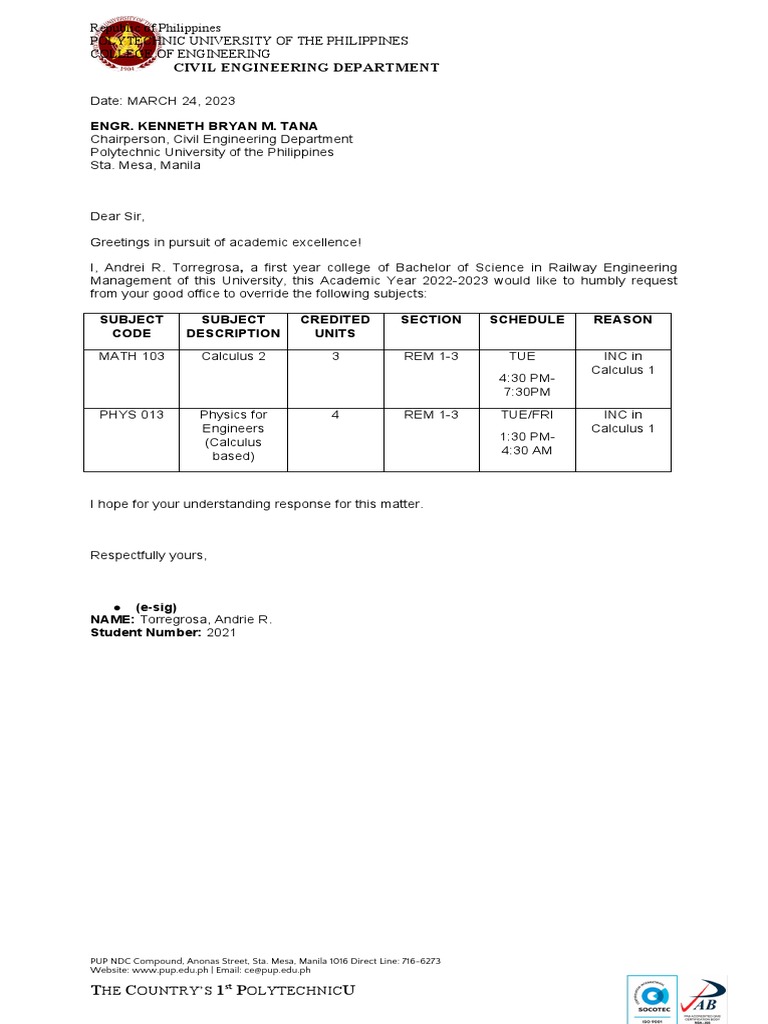 Sample Override Letter | Download Free PDF | Observation | Physical ...