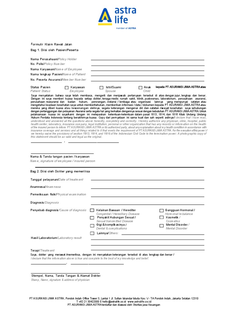 Form Klaim Provider Rawat Inap Rawat Jalan_newlogo (2) Astra Life | PDF