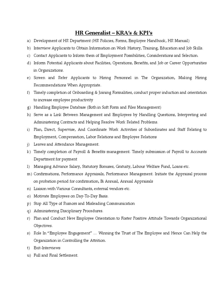 HR Generalist KRA and KPI Overview | PDF | Human Resources | Employment