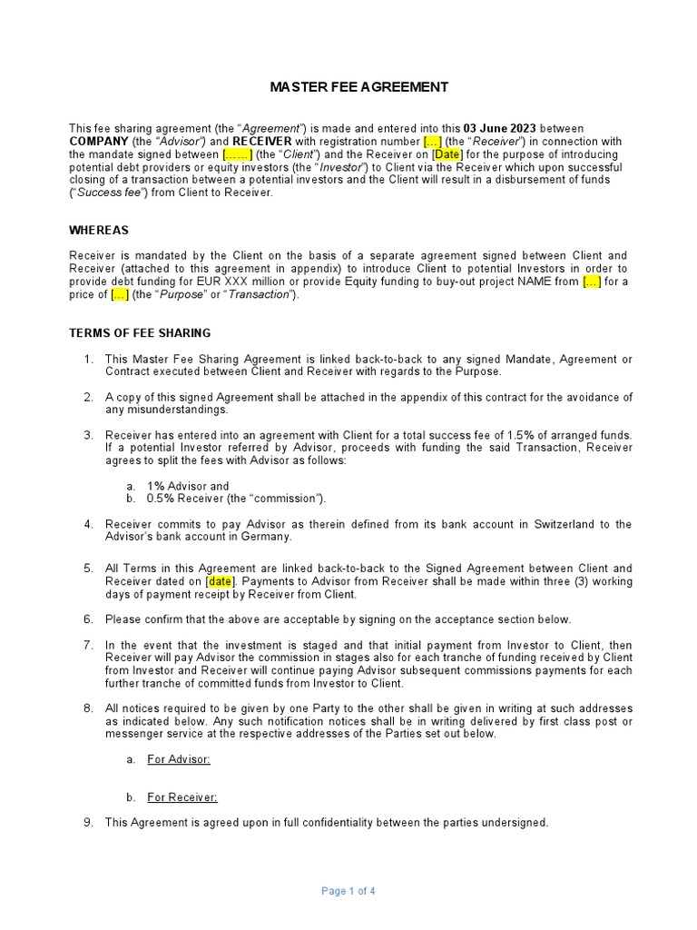 Master Fee Sharing Agreement Template | PDF | Complaint | Fee