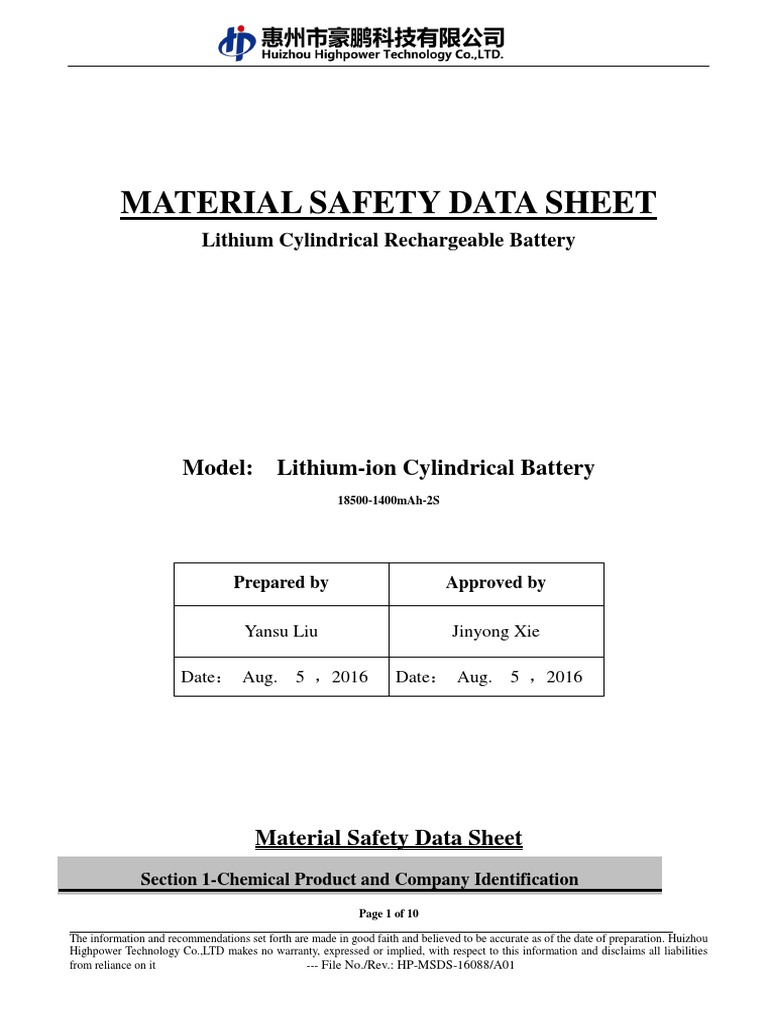 Material Safety Data Sheet: Model: Lithium-Ion Cylindrical Battery | PDF