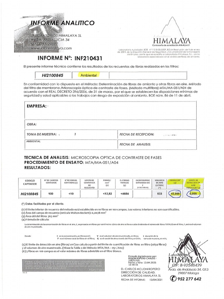 Informe Laboratorio-Amianto | PDF