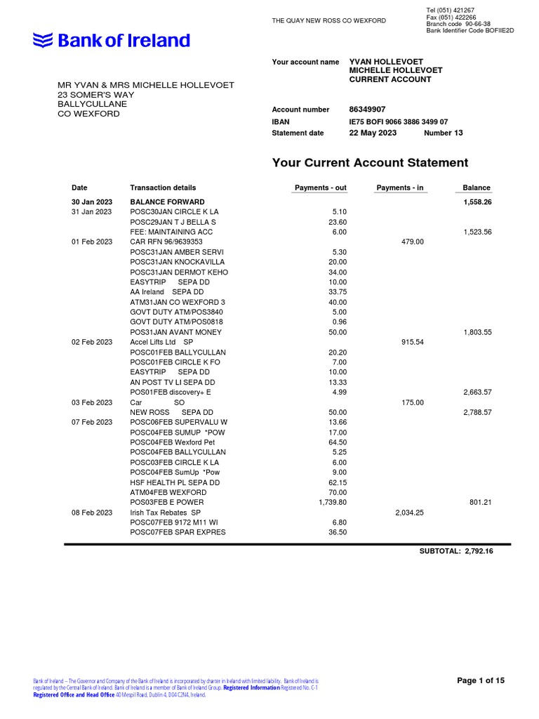 Bank of Ireland Account Statement | PDF | Banks | Money