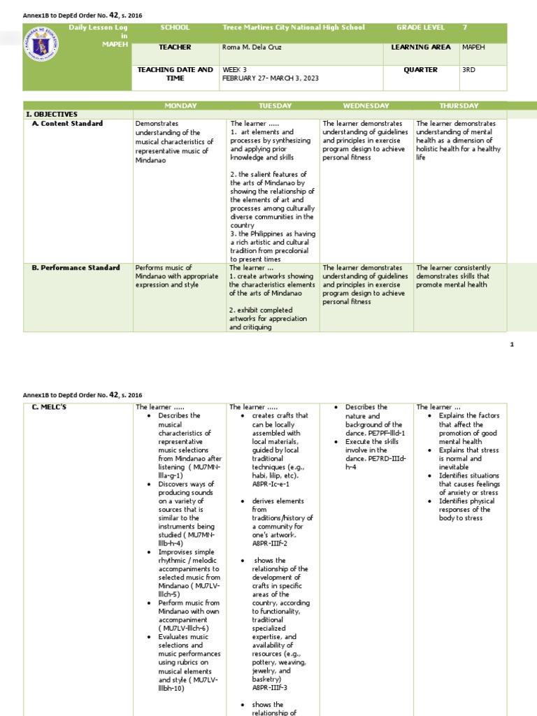 DLL - WEEK 3 Q3-Grade-7-DLL-ROMA DELA CRUZ | PDF | Stress (Biology ...