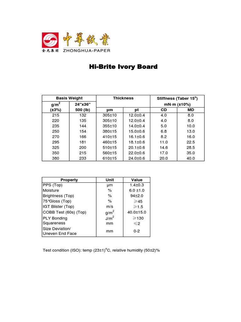 Hi-Brite Ivory Masterboard Specifications | PDF