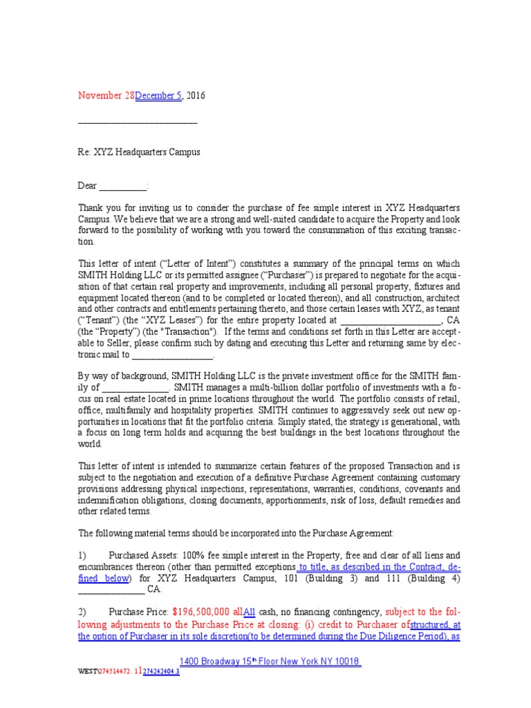 Letter of Intent - Equity Purchas | PDF | Lease | Indemnity
