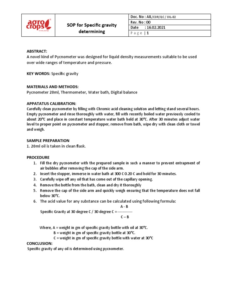 Specific Gravity SOP | PDF