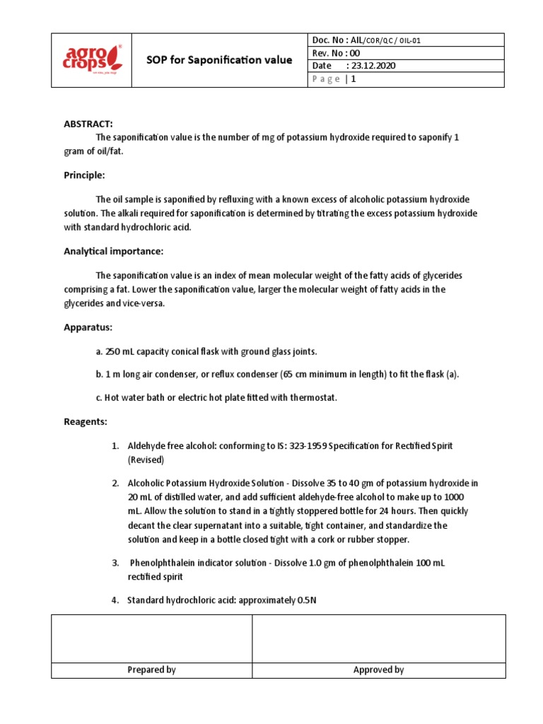 Saponification Value SOP | Download Free PDF | Titration | Chemistry